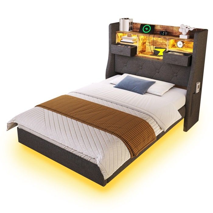 Lit simple lin gris 90x200cm flottant LED tête 1C 3USB rangement lattes ...