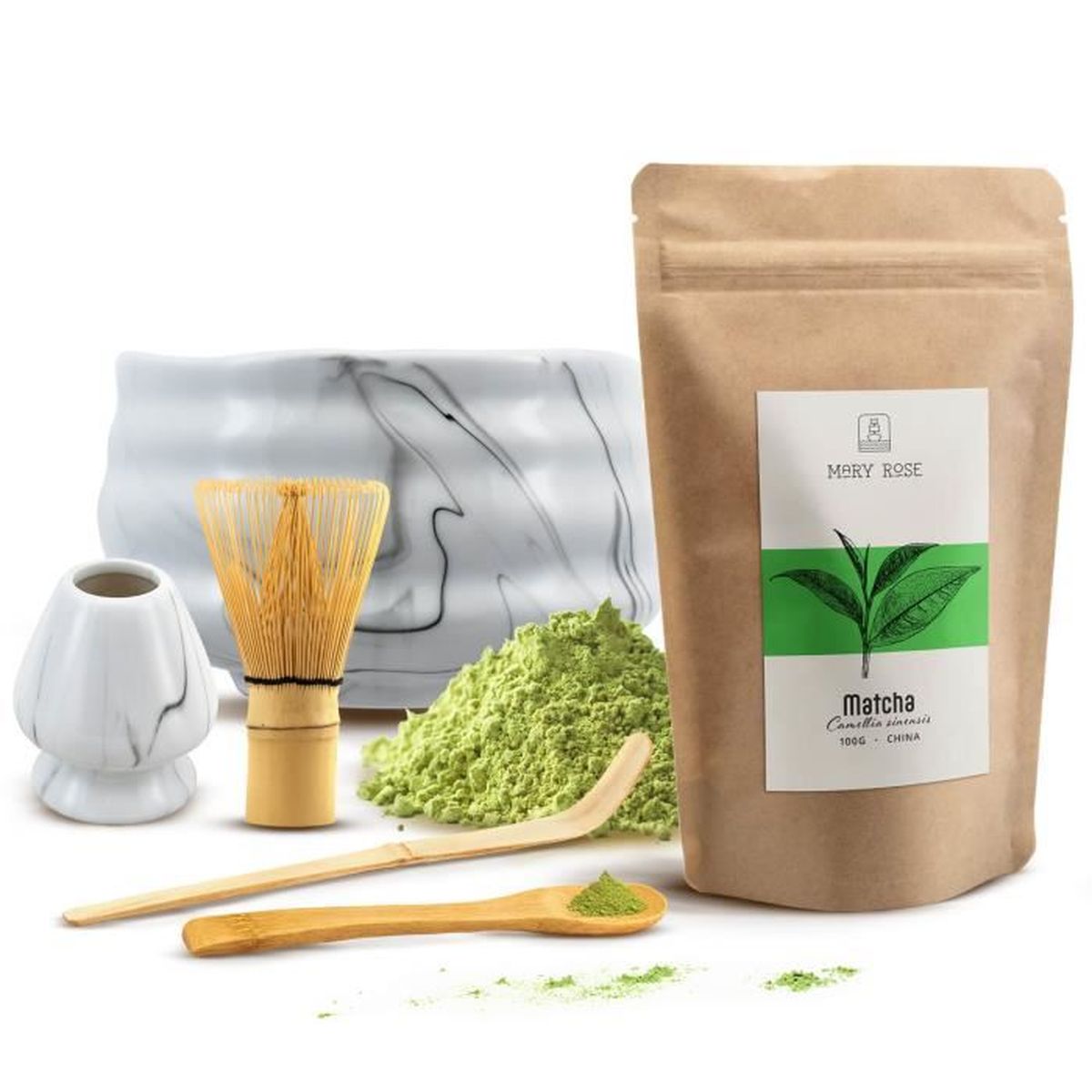 Kit Matcha Mary Rose 100g Accessoires en Bambou - Fouet à thé Chasen ...