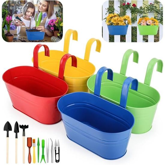GIOVARA Lot de 4 pots de fleurs suspendus en métal colorés de 27,5 cm avec crochet amovible291 ...