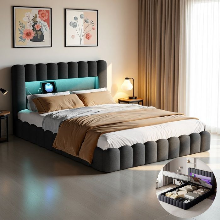 Lit coffre adulte 160x200 cm LEWW, Lit double avec LED et chargement ...