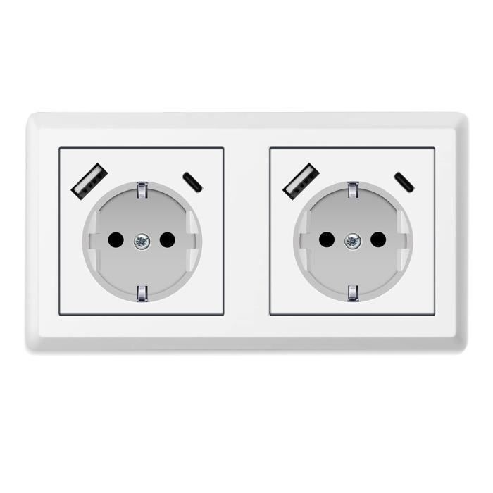 Prise double avec USB, 2 ports USB et 2 types C, prise Schuko USB Flush ...