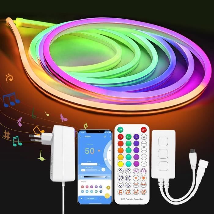 Rgbic Ruban Led Néon, 12V 5M Bande Led Lumineuse, Contrôle App Bluetooth, Télécommande Ir, Ip65 ...