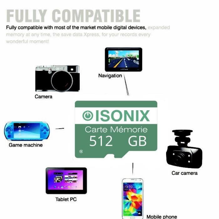 ISONIX Carte Mémoire 512 Go Micro-sd 512 go SDXC + Lecture Carte 4K ...