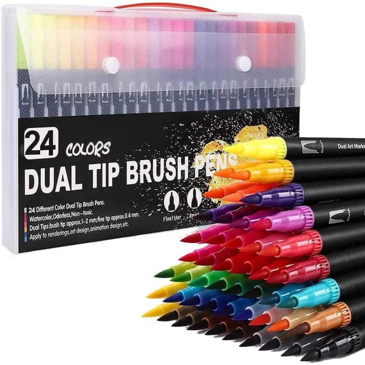 Stylos à Colorier 24 Couleurs Stylos à Double Pinceau Feutres à Pointe ...