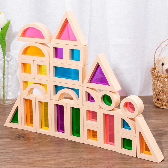 25pcs - Blocs à empiler en bois arc-en-ciel pour enfants, blocs de Construction créatifs ...