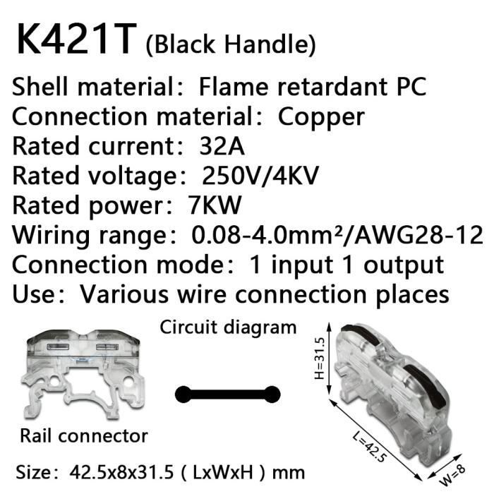 K421 T (poignée BK) - 4 PIÈCES - Connecteur de câblage rapide 1 entrée multiple, séparateur ...