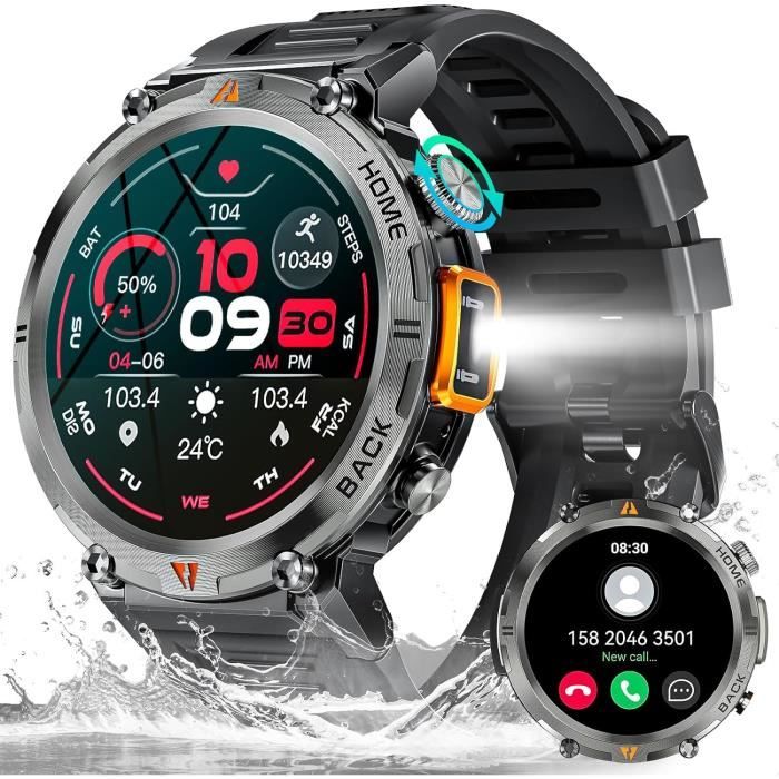 Montre Connectée Homme Avec Lampe De Poche Led Étanche 3Atm Militaire ...
