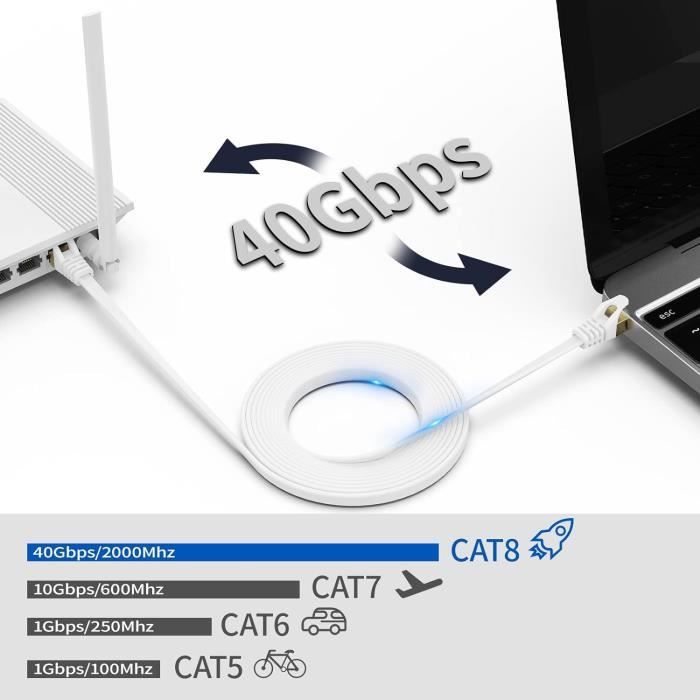 Câble Ethernet Cat 8 20M, Câble Réseau LAN Gigabit RJ45 Plat Haute ...
