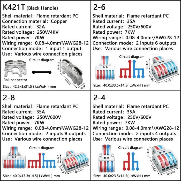 K421 T (poignée BK) - 4 PIÈCES - Connecteur de câblage rapide 1 entrée multiple, séparateur ...
