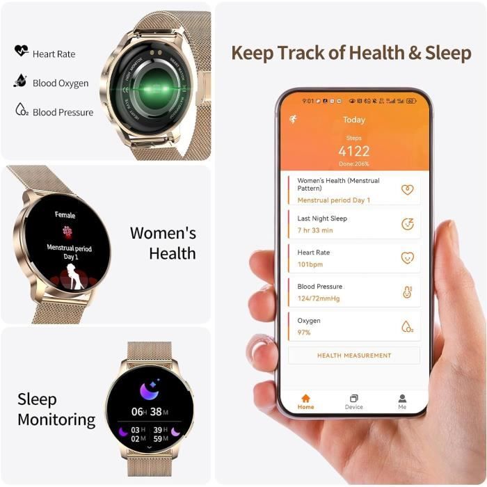 Montre Connectée Femme Homme Avec Appel Bluetooth Écran Tactile 1,34 ...
