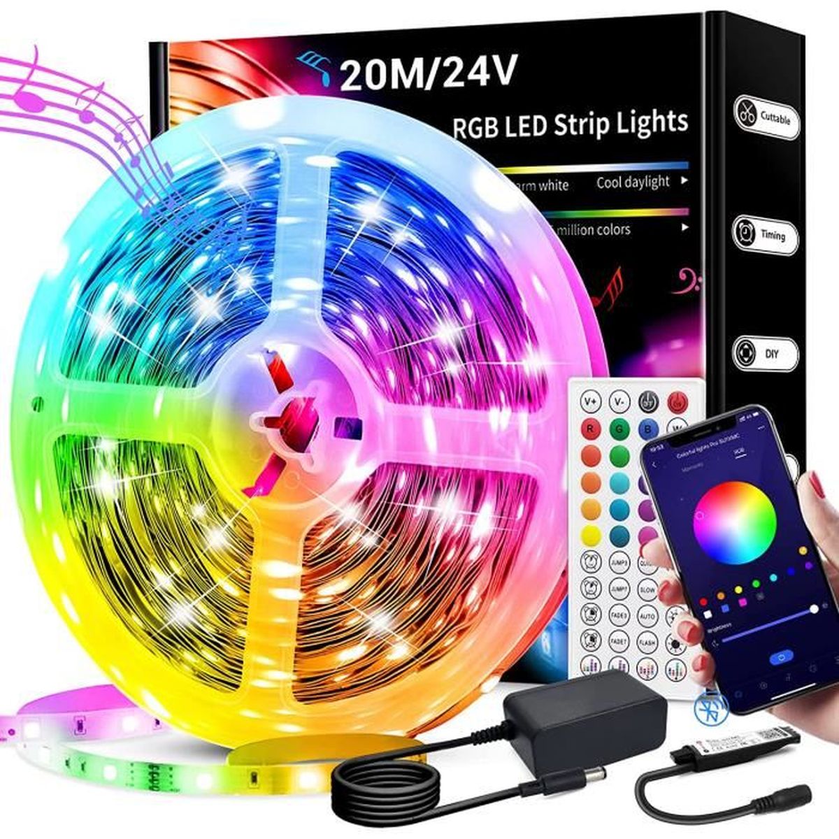 Bande LED RGB 20m, Bande à Changement de Couleur avec Bande LED avec ...