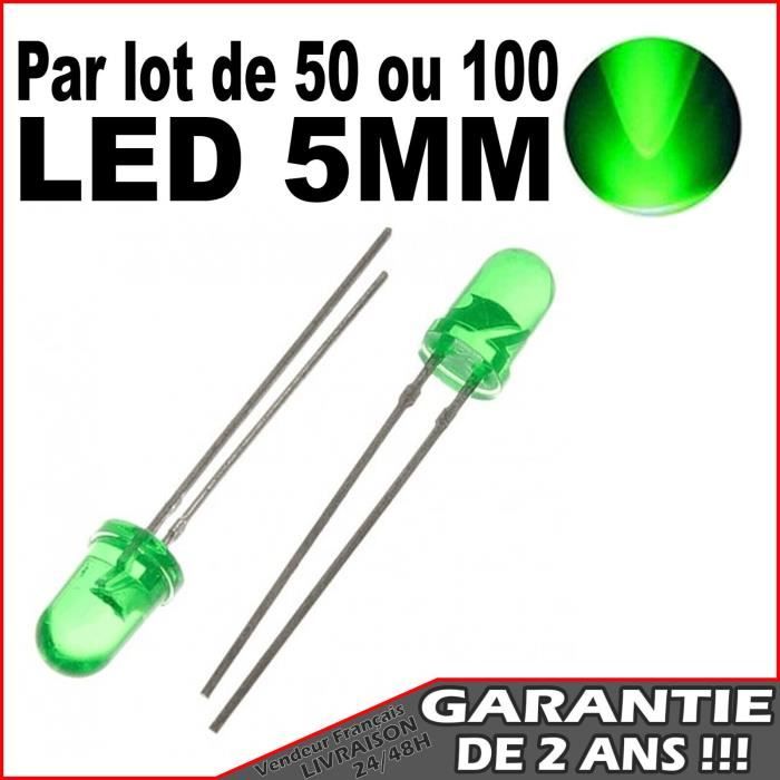 LOT 50 LED DIODE DEL AMPOULE 5MM VERT F5 ARDUINO RASPBERRY ETC ...