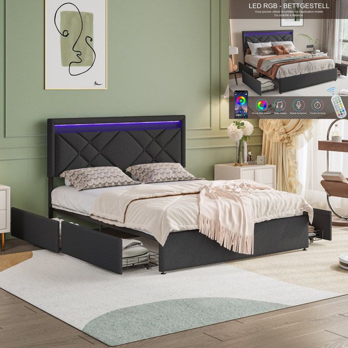 Lit 160x200 cm avec LED et charge USB Type C, lit Queen 160x200 cm avec ...