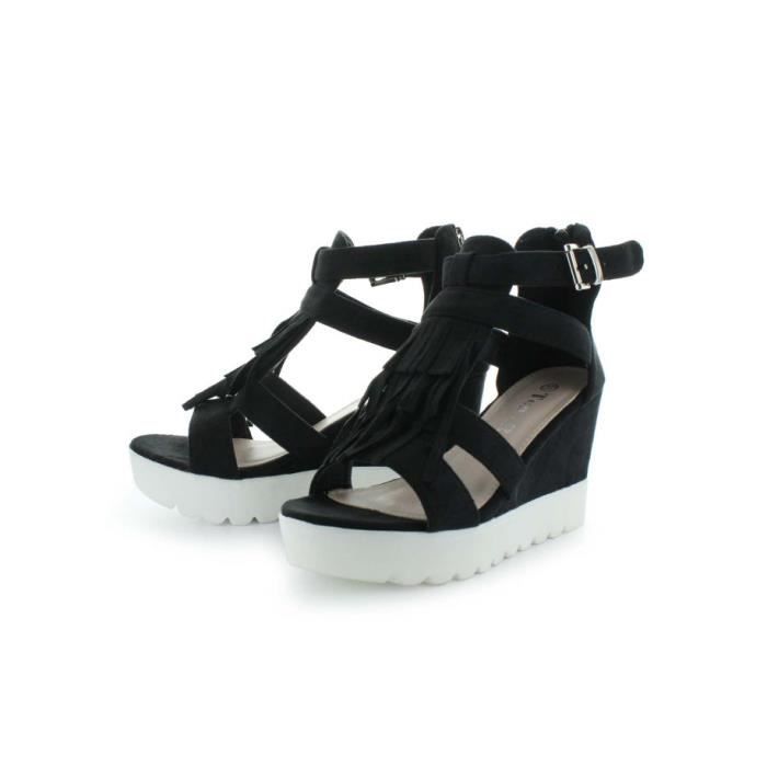 Sandales compensées à franges Noir Noir - Cdiscount Chaussures
