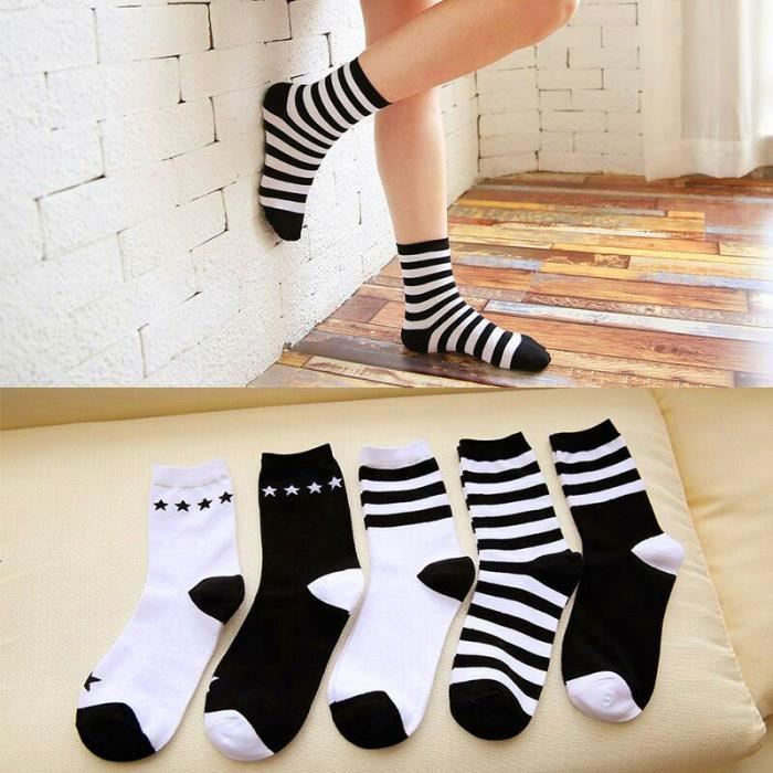 Chaussettes Harajuku à rayures blanches et noires pour femmes 5 paires ...