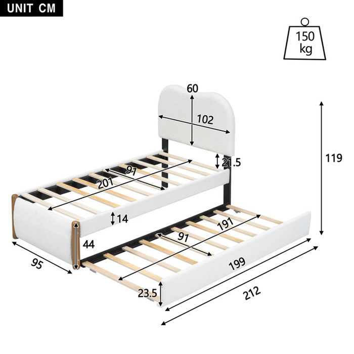 Lit enfant 90x200 cm 2 personnes avec lit gigogne et rembourré Tête de ...