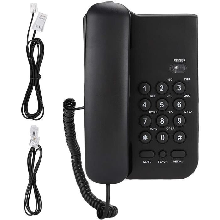 Téléphone filaire moderne fixé au mur - Noir - Téléphone fixe ...