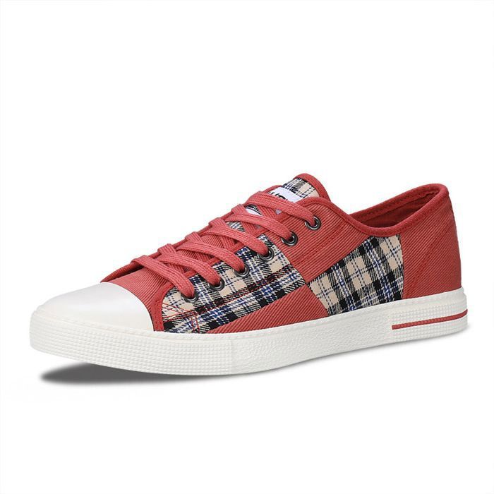 Baskets Homme Toile Carreaux INSFITY Rouge - Chaussures Plat Aéré ...