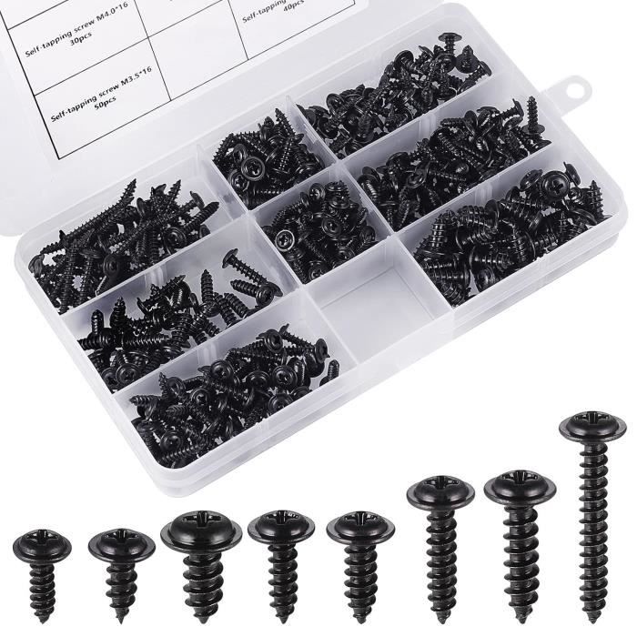 350PCS Assortiment de Vis Autotaraudeuse M3 M3.5 M4 M4.8 Vis à Tole Noire Cylindrique ...