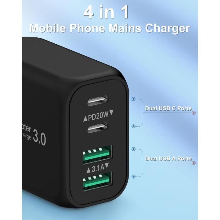 [2 Paquets] Chargeur Mural USB-C, 40W 4Port QC+PD 3.0 Power Adapter ...