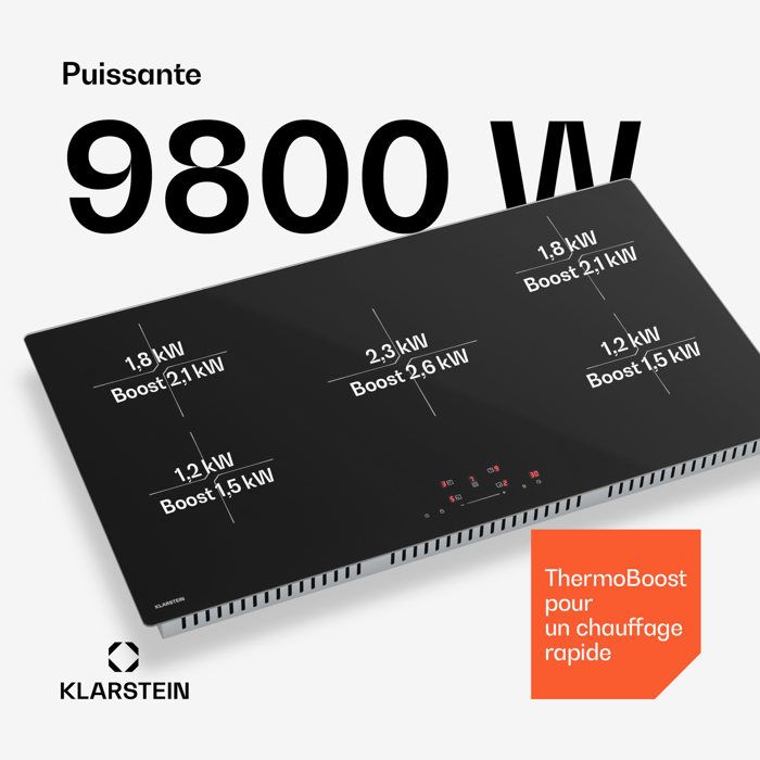 Klarstein PowerGlide Plaque Induction 90cm 5 Zones 9800W Boost Curseur ...