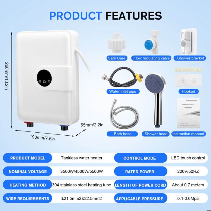 Mini Chauffe Eau Instantané Électrique, 5.5KW 220V Mini Chauffe-eau ...