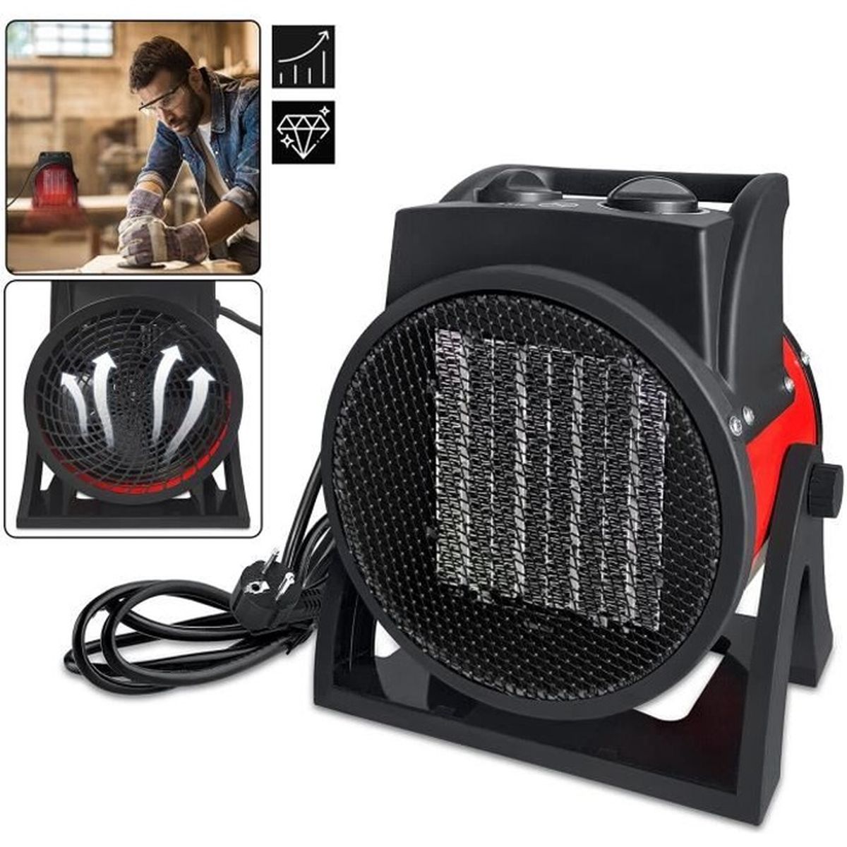 AUFUN Chauffage soufflant à économie d'énergie 2000W Chauffage en céramique pour chantiers de ...