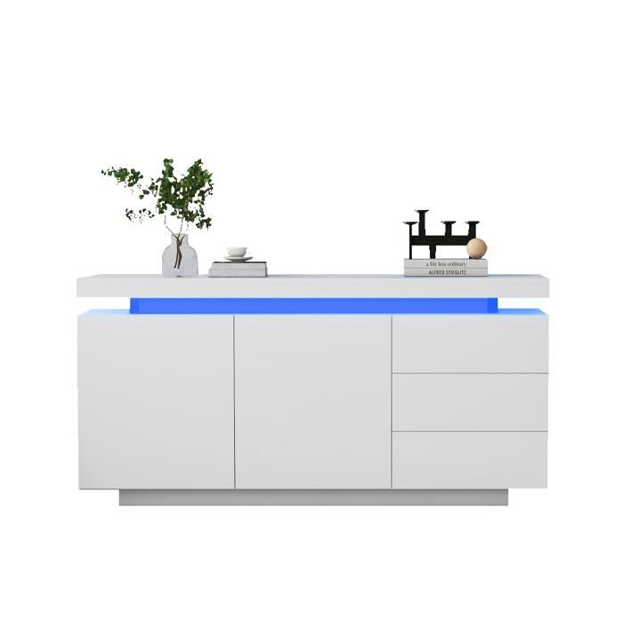 Buffet - Bahut Buffet haut moderne blanc brillant LED 3 tiroirs 2 ...