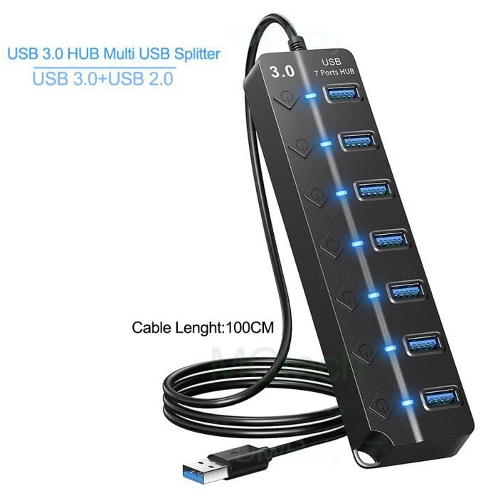 Concentrateur à 7 ports - Hub USB 3.0 Multi USB 2.0, 100cm de Long, câble'extension Multiple ...