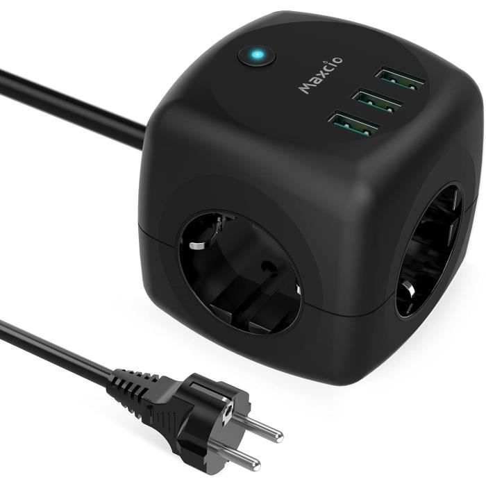Maxcio Cube Multiprise USB, Noir Bloc Multiprise 3 Prises avec 3 Ports USB Chargeur 5V-2.4A ...