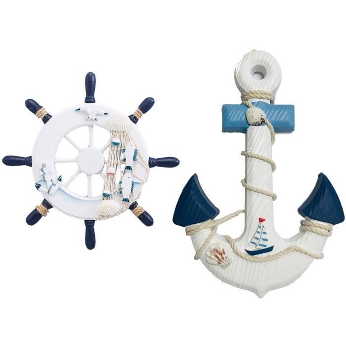 23cm Roue de Bateau en Bois et 33cm Ancre en Bois Décoration Murale Nautique-Style Méditerranéen ...