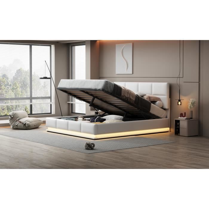 Lit capitonné avec LED et rangement hydraulique - Blanc - 180x200 ...
