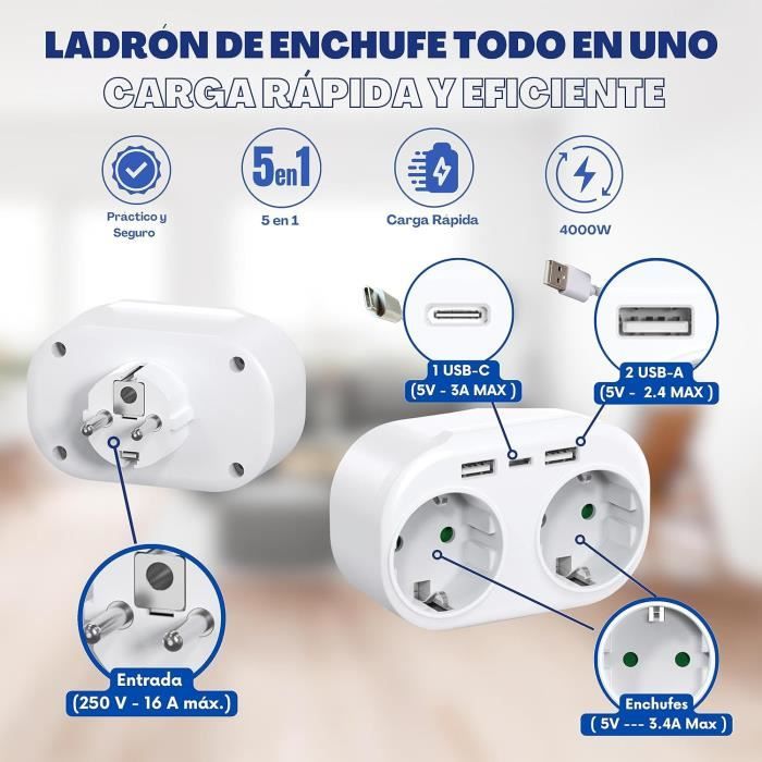 Multiprise USB, avec 2 Prises 220 V, 2 Ports USB et 1 Port USB-C ...
