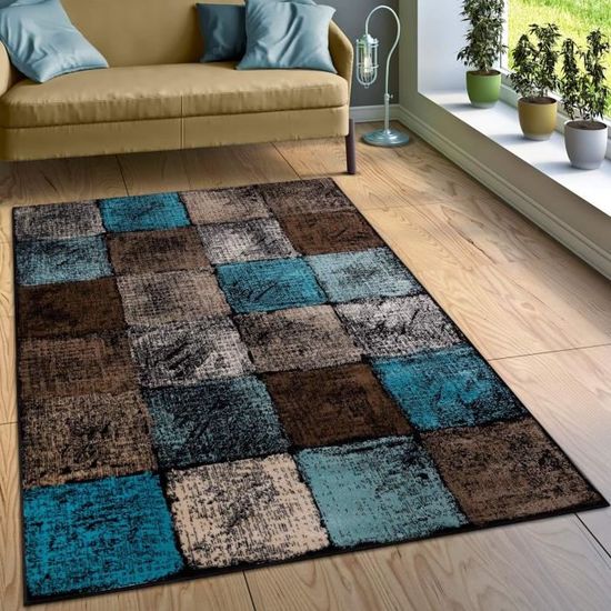 Tapis Salon Original Combinaison De Couleurs Carreaux Turquoise Brun ...