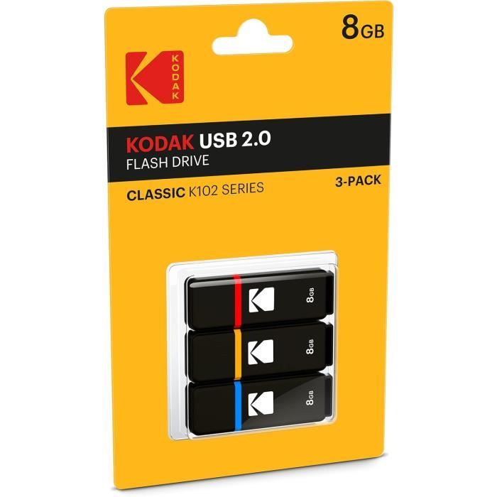 Kodak - Lot de 3 Clés USB 8Go Classic K102 Series - Clef USB Compatibilité Universelle USB 2.0 ...