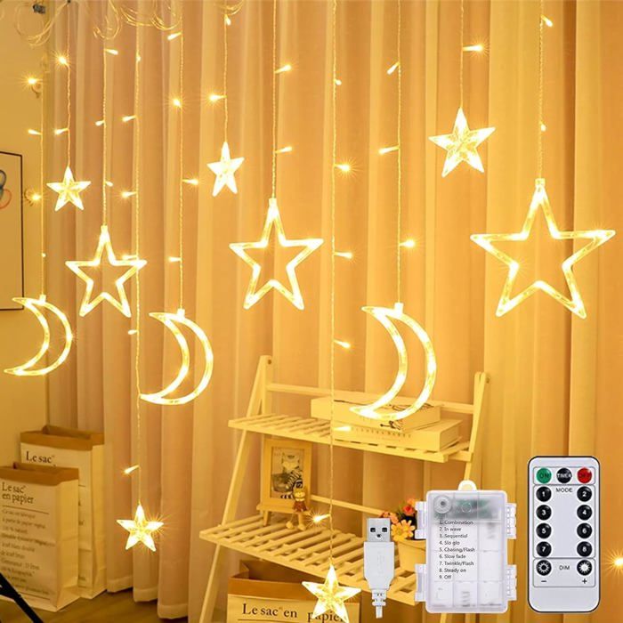 3.5M Lumière étoile lune 138 LEDs Rideau Lumineux Étoiles Lune Lampe ...