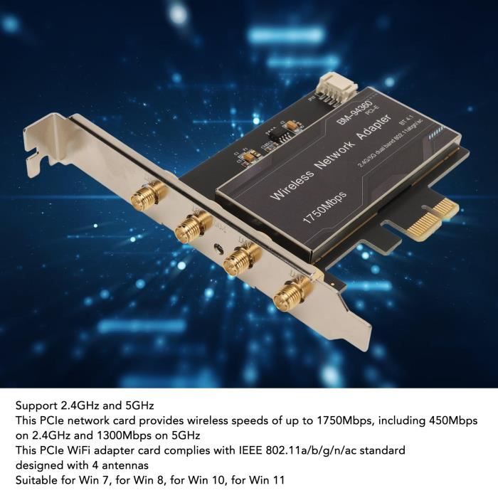 Carte Adaptateur Wifi Pcie Carte Réseau Pcie 2.4G 450Mbps 5G 1300Mbps Bluetooth 4.1 Avec 4 ...