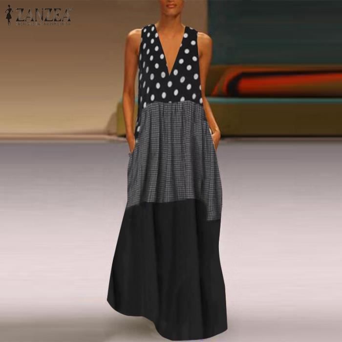 Robe Zanzea 2021 Vintage Couleur Couture Robe Maxi Femmes Dété Robe D