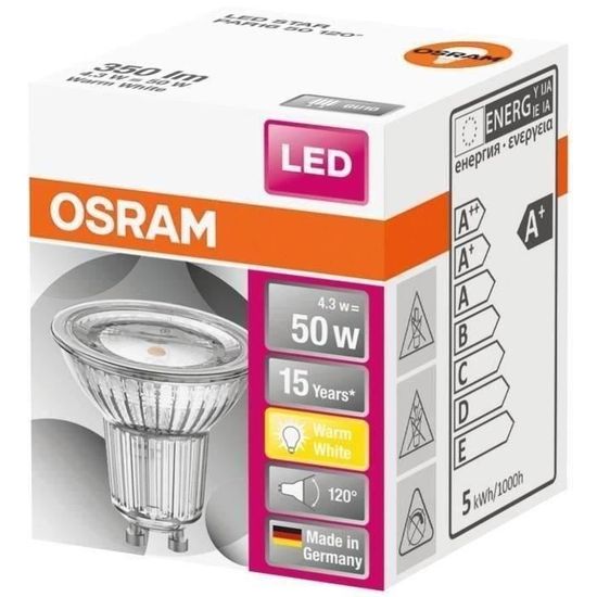 OSRAM Spot par16 LED 120 verre 4.3W GU10 350lm 2700K chaud - Boite de 1 - Cdiscount Maison