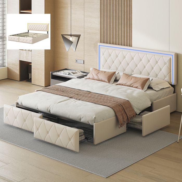 Lit adulte 160x200cm avec grand tiroir, Lit double Lit rembourré en PU ...