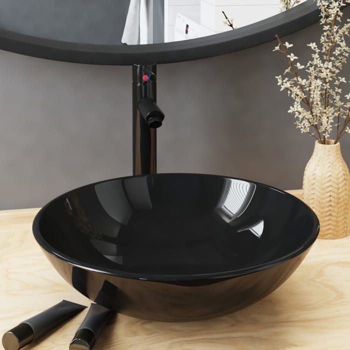Lavabo de Bain avec Robinet et Drain à Poussoir Verre Trempé Round ...