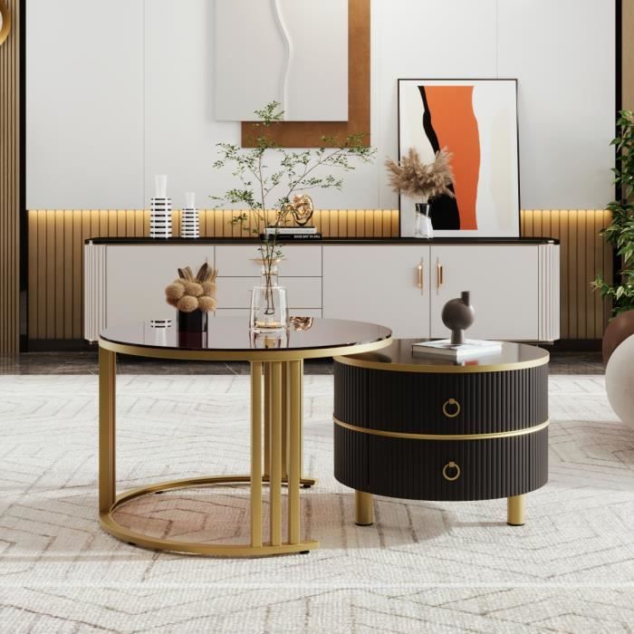 Table basse ronde - CREAHAPPY - Modèle en verre trempé - 2 tiroirs ...