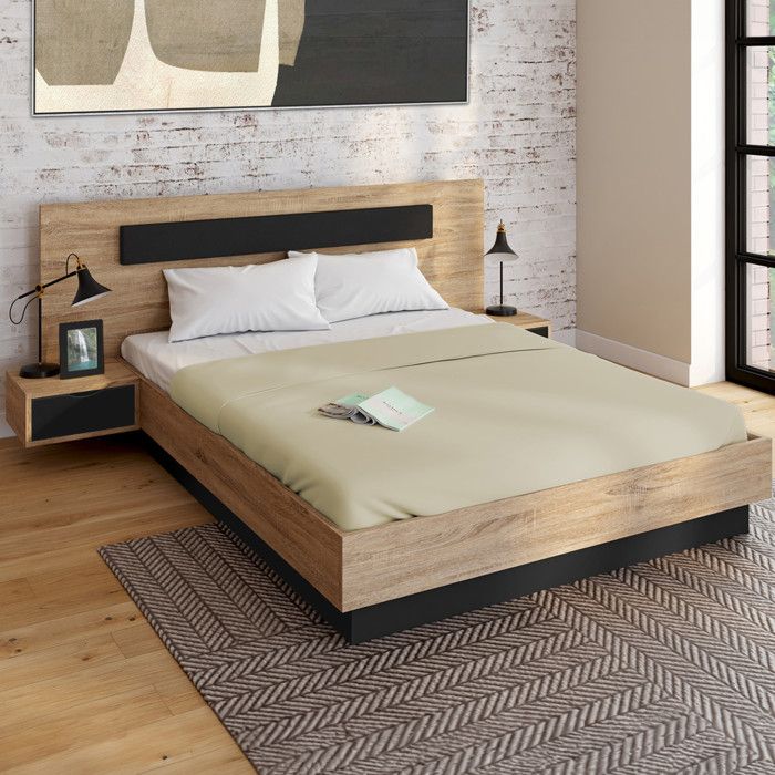 IDMARKET Lit double SANTA avec tête de lit + tables de chevet intégrées ...