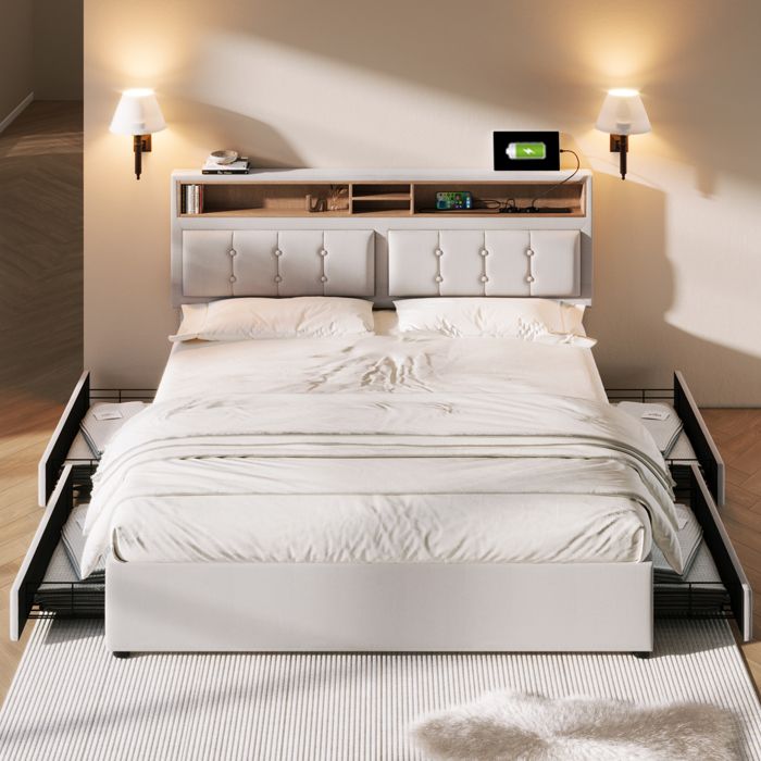 Lit Coffre 160x200cm Prise Usb-C Lit Double TêTe De Lit RéGlable 4 ...