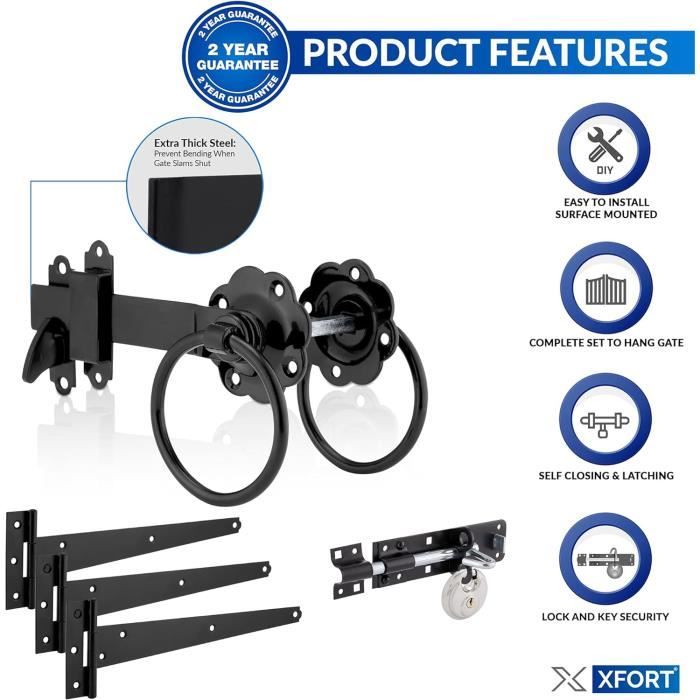 Kit de fixation de portail à anneau noir avec charnières en T, boulon ...