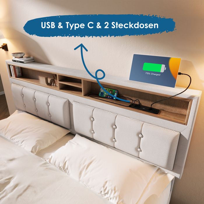 Lit Coffre 160x200cm Prise Usb-C Lit Double TêTe De Lit RéGlable 4 ...
