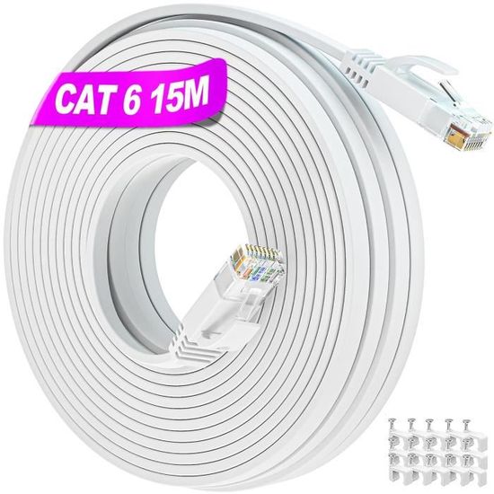 Cable Rj45 15m Cat 6, Cable Ethernet 15 mètres Plat Blanc Haut Debit ...