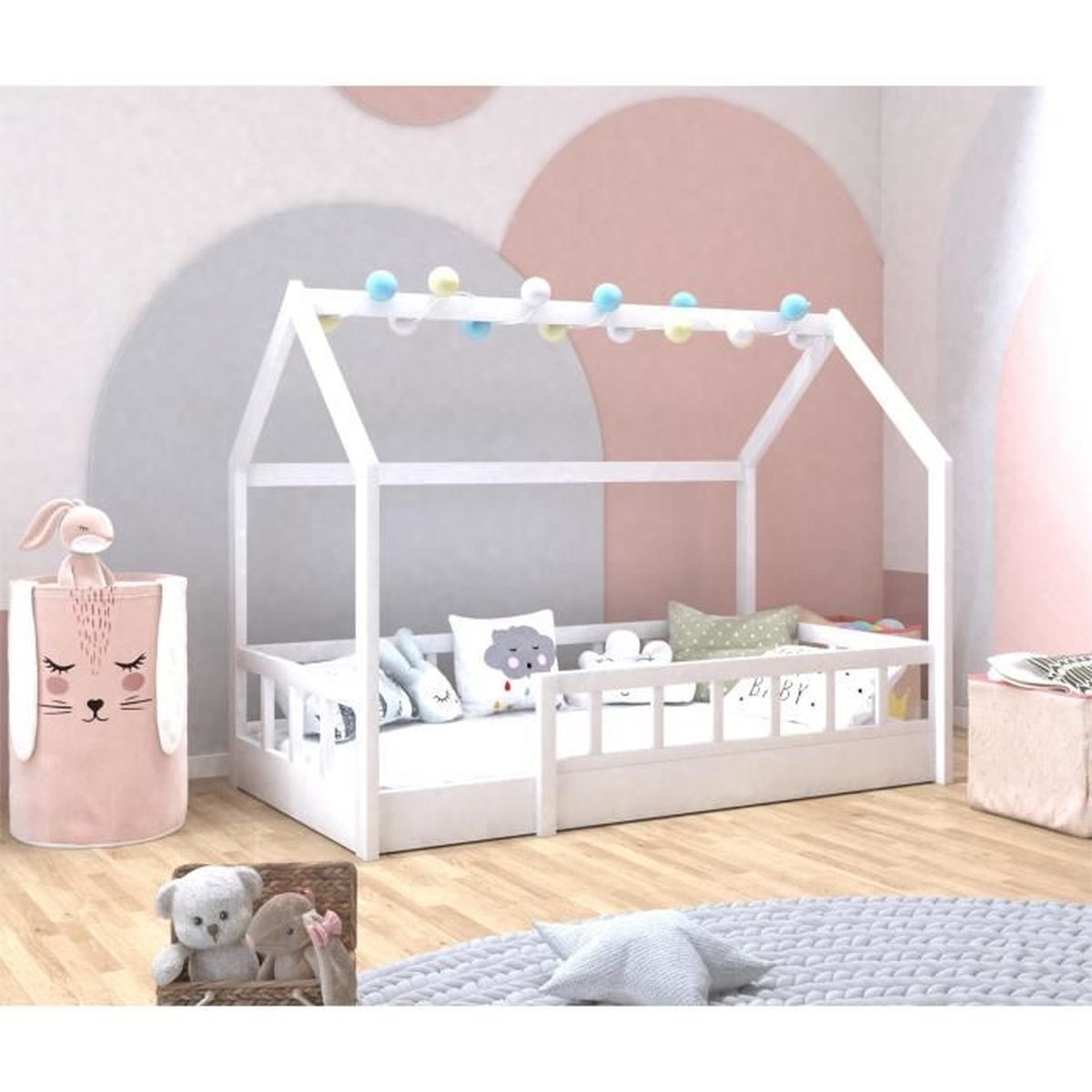 Lit cabane enfant 80 x 160 CM OREL blanc avec sommier et barrières ...
