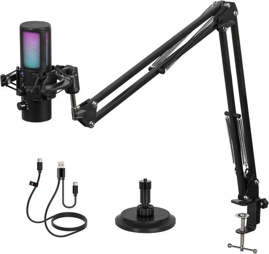 USB Micro Gaming Kit, RGB Microphone à Condensateur avec 11 Lumières ...