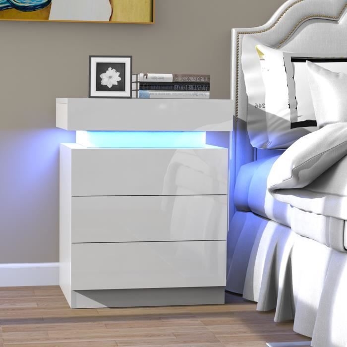 Table de Chevet Blanche LED - Table de Nuit - Moderne, 3 Tiroirs LED ...